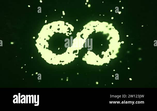 flying fluid and liquid particles form infinity symbol on dark ...