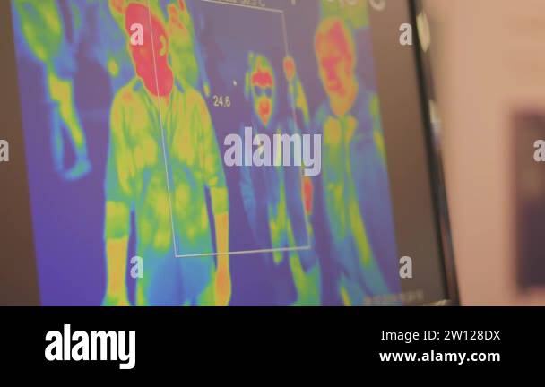 Moving people on display of non-contact infrared thermometer heat ...