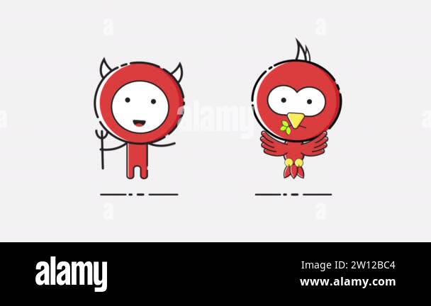 4K Animation Loop MBE Style Red Devil and Red Liver Bird. Cute Cartoon ...