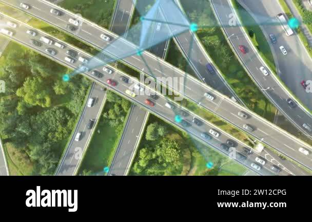 Traffic surveillance system in highway. Connected network. Speed and ...