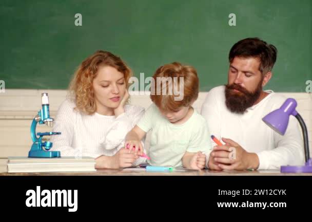 School concept. Parent taking child to school. Family school ...