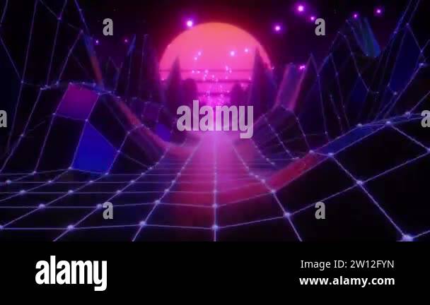 Retro futuristic flight in space with a polygonal mesh on the generated ...