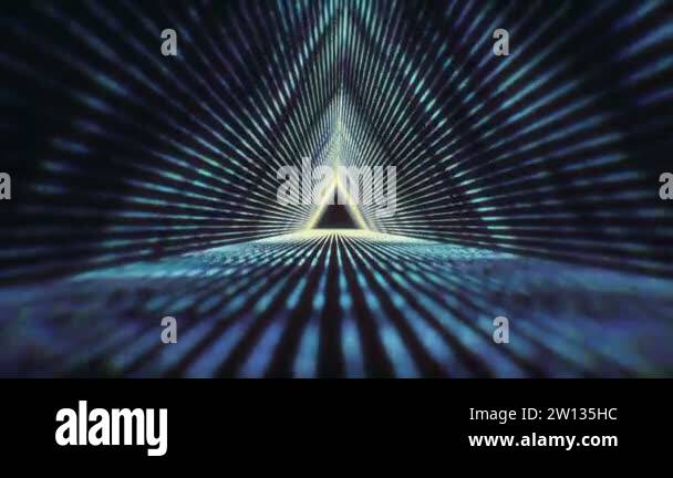 Camera moving into a blue triangular tunnel formed by glowing beams ...