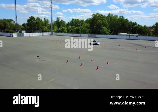 aerial view of police cars at the autodrome, asphalt autodrome with ...
