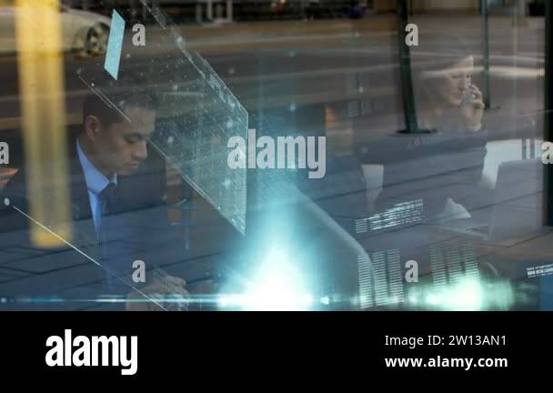 Animation of data processing and digital interface over man and woman ...