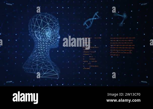 Background with animation of abstract interface. Human body, DNA ...