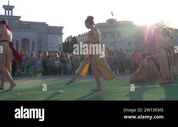 National festivities, group of young girls in traditional costumes ...