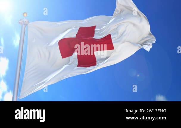 Red Cross animated flag in the wind with blue sky in the background ...