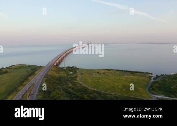 Oresund bridge. A long tunnel bridge with an artificial island between ...