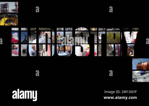 Industry Animated Text Word on Black Background. Collage of Video Clips ...