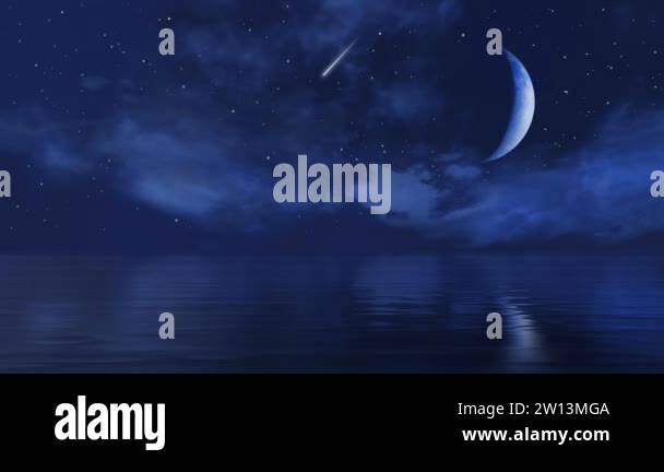 Fantastic starry night sky with falling stars or meteors and big half ...