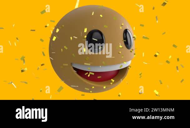 Animation of a laughing emoji icon on a yellow background with falling ...