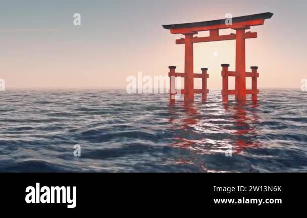 Traditional Japanese gate floating in the sea at sunset. Looped ...