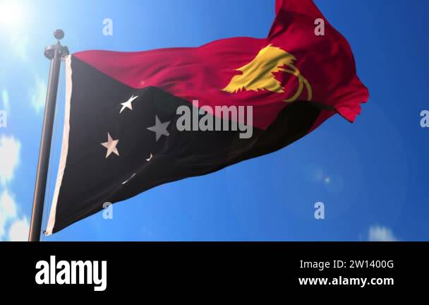 Papua New Guinea animated flag in the wind with blue sky in the ...