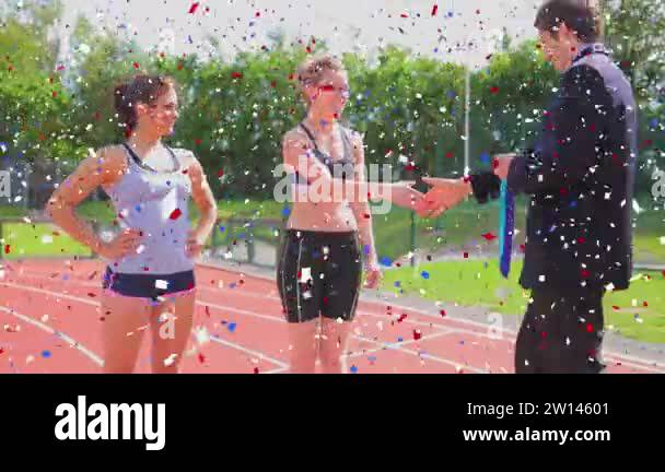 Animation of colourful confetti falling at the end of a race with two ...