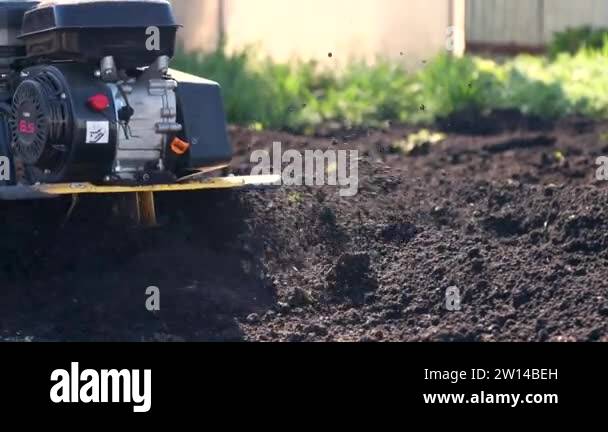 Closeup, Man plowing the land in the garden with a cultivator ...