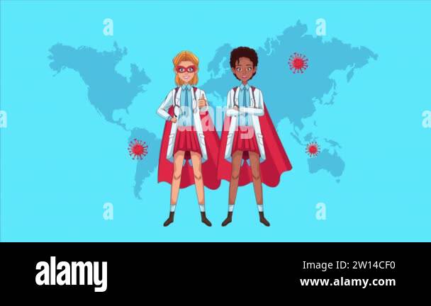 female heroic super doctors with earth maps characters animated Stock ...