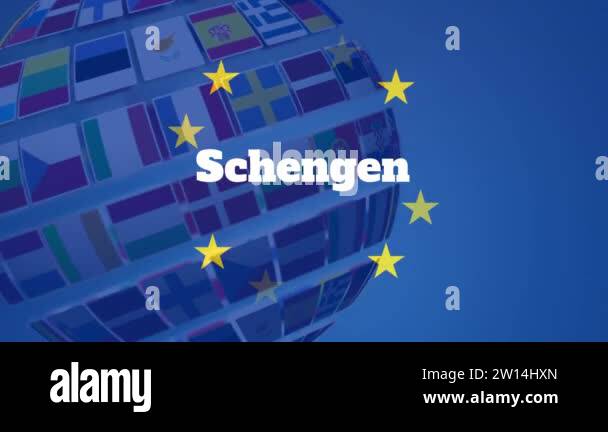 Animation of the word Schengen written over background with flags of ...