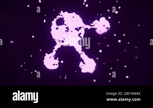 flying fluid and liquid particles form atom symbol on dark background ...