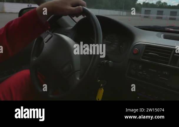 view from the car cabin on the race track, emergency driving car in ...