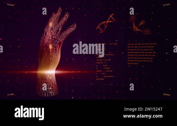 Background with animation of abstract interface. Human body, DNA ...