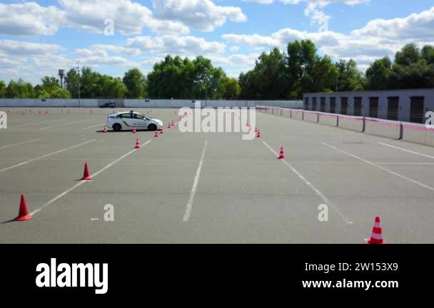 aerial view of police car at the autodrome, asphalt autodrome with road ...