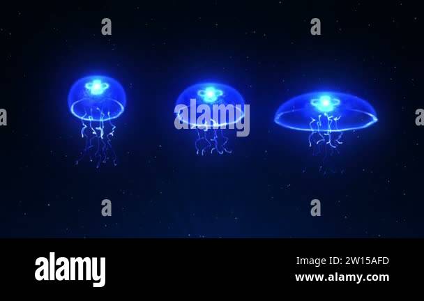 Jellyfish illuminated with color light in the underwater. Fluorescent ...