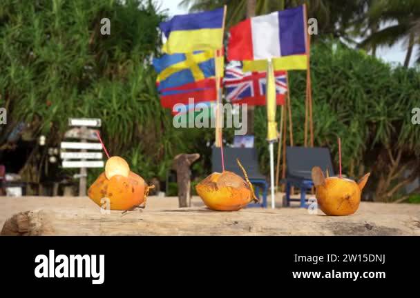 Golden coconuts on the beach on a background of flags of different ...