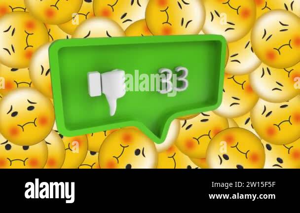 Animation of thumb down and increasing numbers over digital emoji icons ...