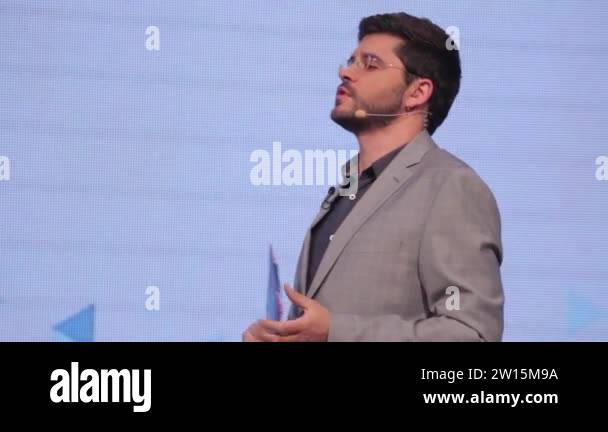 Male man TV presenter in a TV studio. TV presenter. TV host Stock Video ...