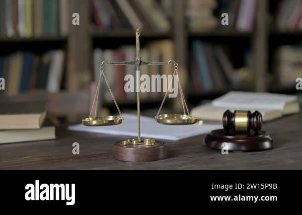 Judge pass through Gavel and Gold Brass Balance Scale on Judge Table ...