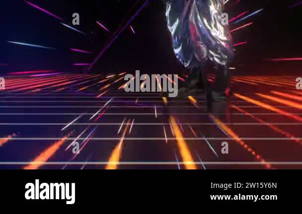 Retro-futuristic 80s dancing legs on Disco Neon Lights background Stage ...