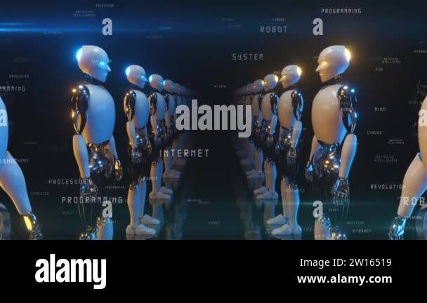An endless corridor of robots facing each other. Future technology and artificial intelligence ...
