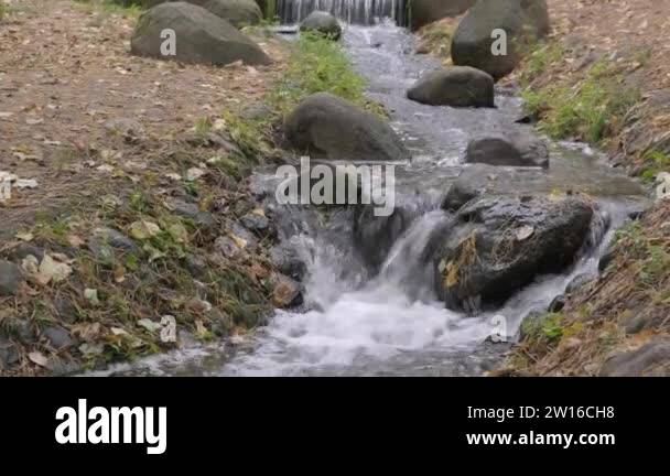 A transparent stream of water flows through the rocks. Cascades of ...