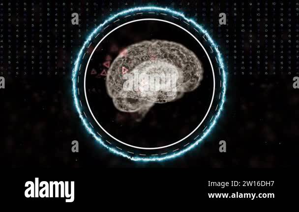 Artificial Intelligence and deep learning concept. Digital brain hologram in lightning circle ...