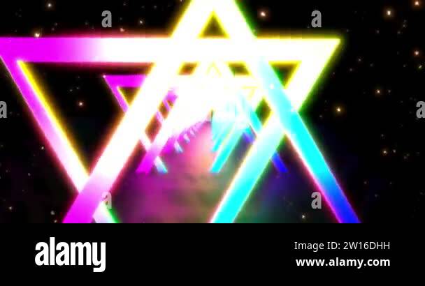 Glowing neon color triangle tunnel. Laser show looped background ...