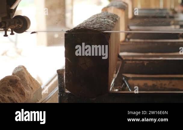 Sawing machine at wood production factory. Timber material processing ...
