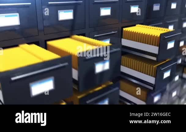 Paper storage drawers opening and closing, data center, retro archive ...