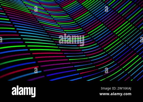 Abstract animation of moving waves from short neon stripes on black ...