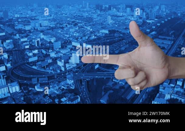 Question mark sign icon on finger over modern city tower, street ...