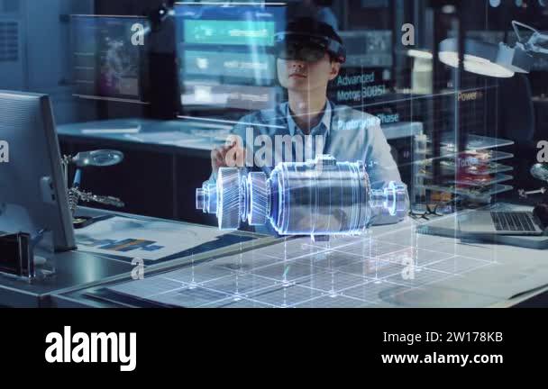 Industrial Factory Chief Engineer Wearing AR Headset Designs a ...