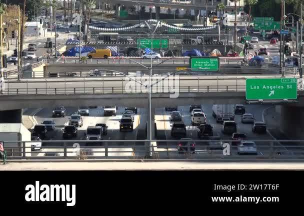 The 101 Freeway passing under a series of bridges in downtown Los ...