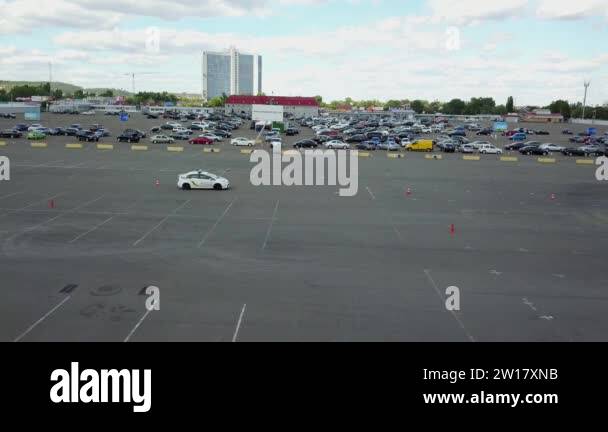 aerial view of police car at the autodrome, asphalt autodrome with road ...