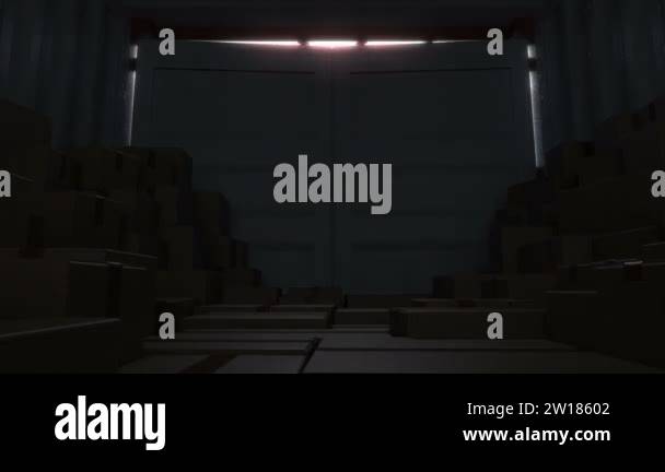 Cargo Shipping Container Opening Doors Slow Motion. Inside View with a ...