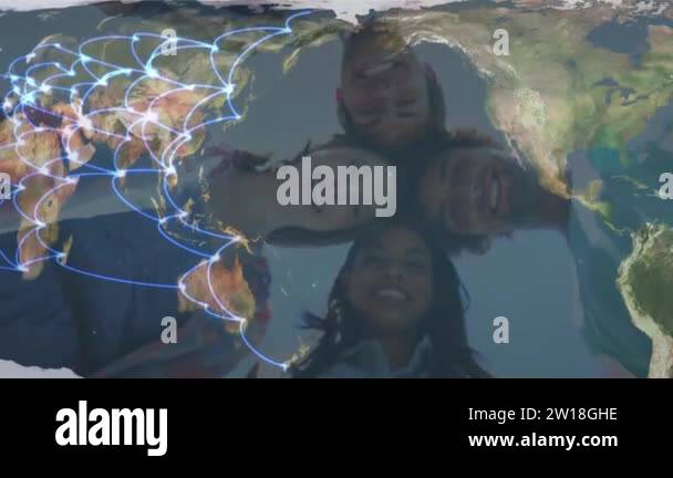 Animation of low angle view of diverse group of friends giving thumbs ...