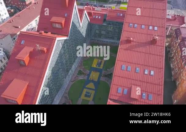 Aerial view of new school building in residential area, architecture ...