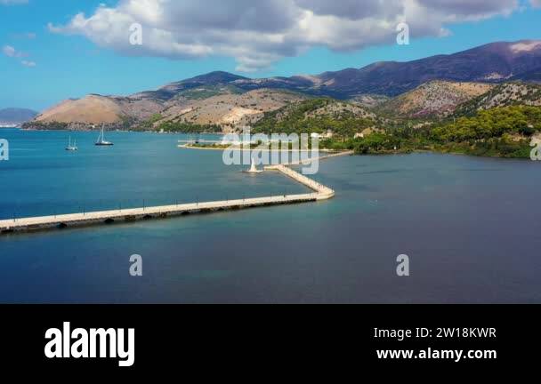 Aerial view of the De Bosset Bridge in Argostoli city on Kefalonia ...