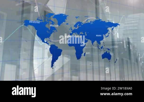 Animation of floating numbers on world map over floating diagrams. Digital online security ...