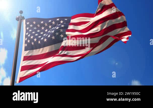United States animated flag in the wind with blue sky in the background ...