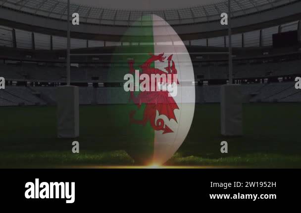 Animation of rugby ball with Welsh flag on being kicked by a rugby ...